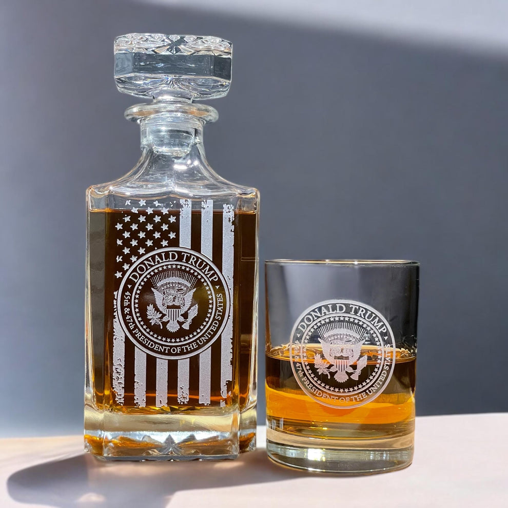 Trump Presidential Seal Whiskey Decanter Set – Engraved Trump 45 47 Fl ...
