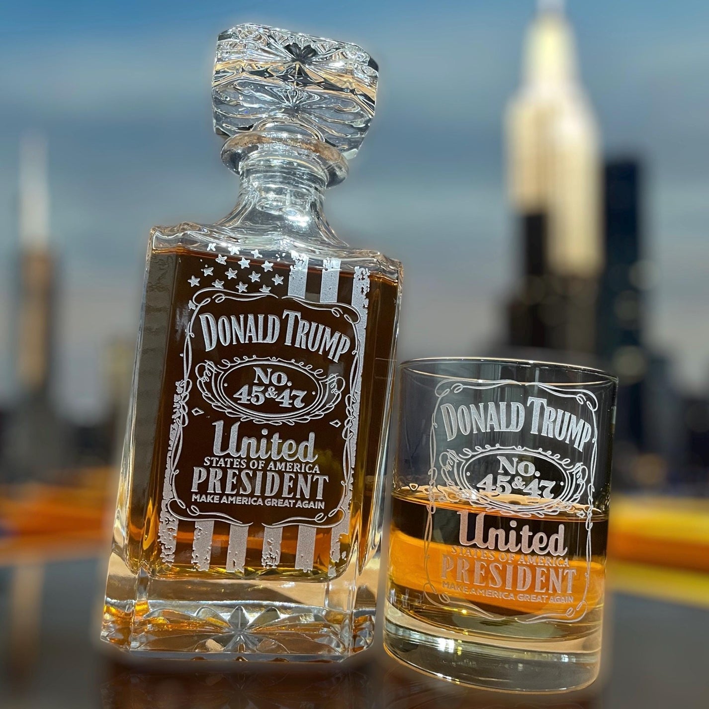 Trump Old No. 45 47 Whiskey Decanter Set – Engraved Trump Flag Liquor ...