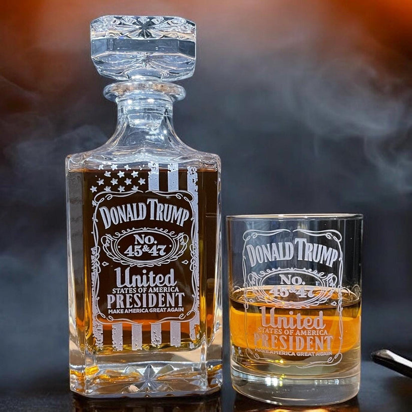 Trump Old No. 45 47 Whiskey Decanter Set – Engraved Trump Flag Liquor ...